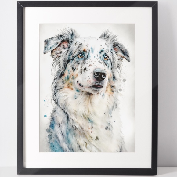 Dog | Watercolor Blue Merle Pet Dog Portrait Wall Art Illustration ...